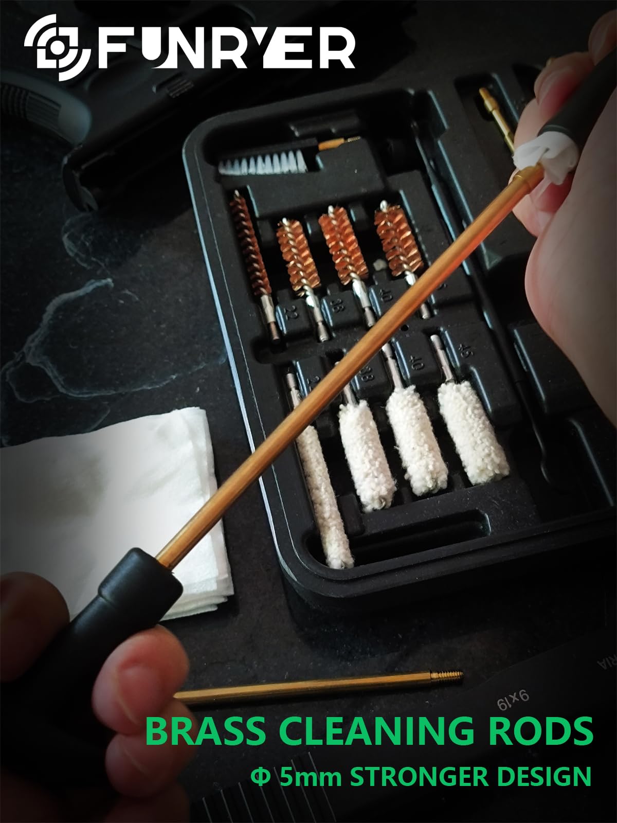 Funryer Universal Gun Cleaning Kit Pistol 9mm .38 .22 .40 .45 Caliber for Handgun Hunting Shooting with Bronze Bore Brush & Brass Jag Oil Bottle