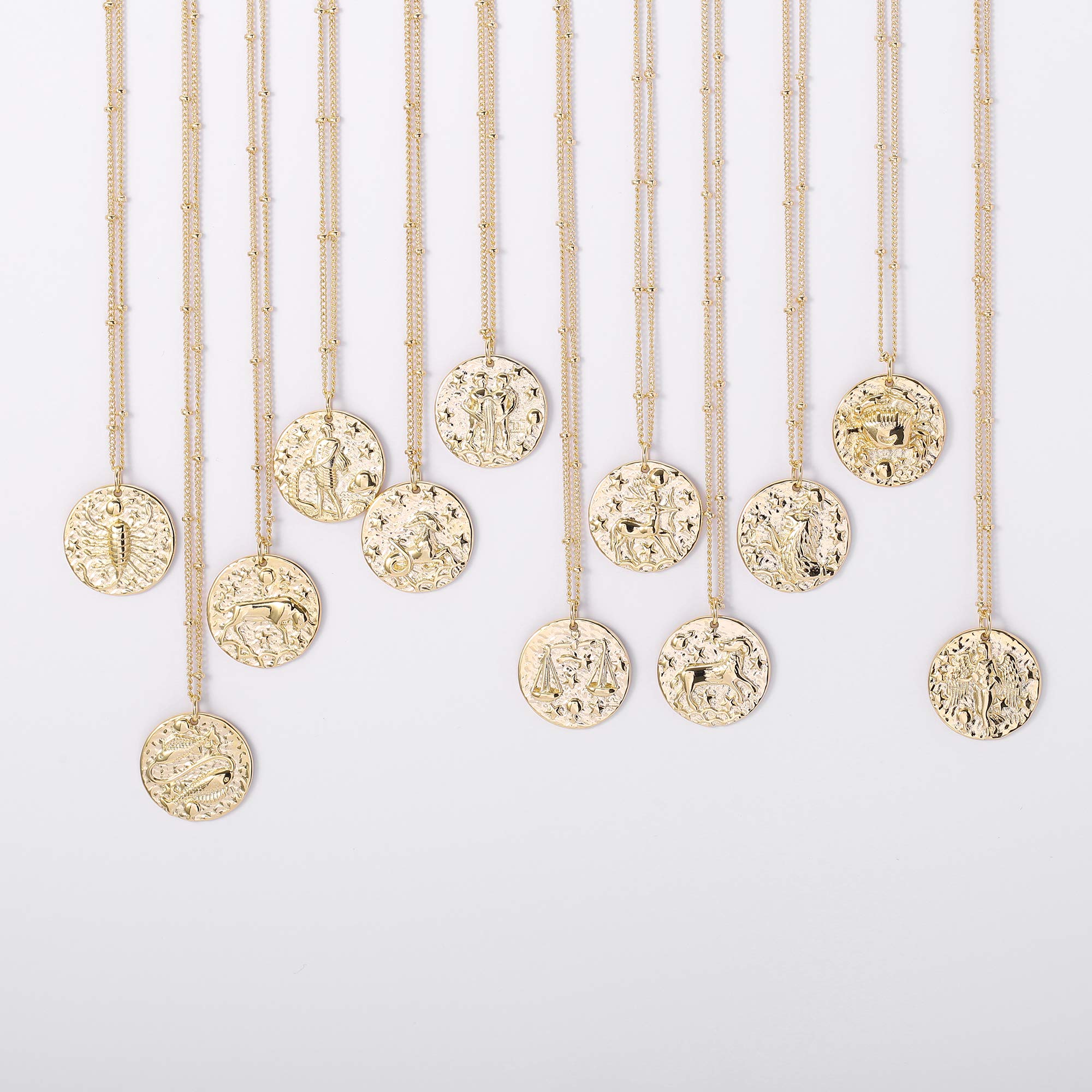 Fremttly Zodiac Coin Embossed Necklace Disc 12 Constellation Astrology Horoscope 14K Gold/Silver Plated Round Pendant Personalized Necklace Gift for Women Cancer