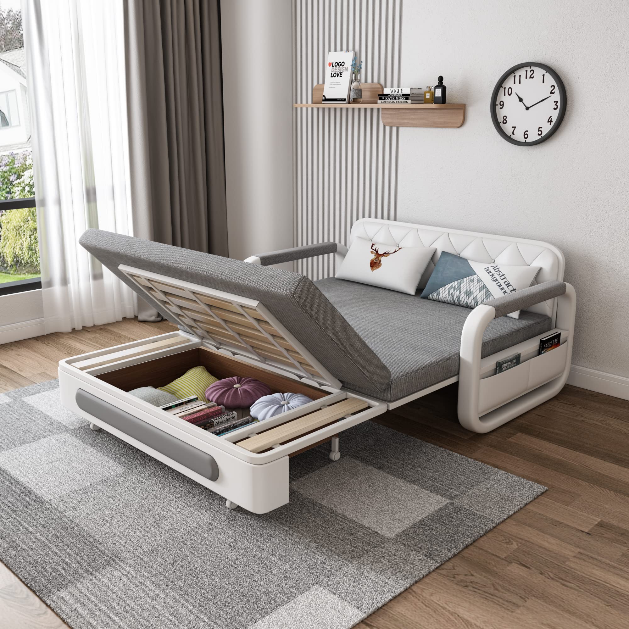 Luck Idea 62" Modern Light Gray Cotton Linen Upholstered Convertible Pull Out Sofa Bed with Storage, Perfect for Living Room or Bedroom (34.6" D x 62.2" W x 34.2" H)