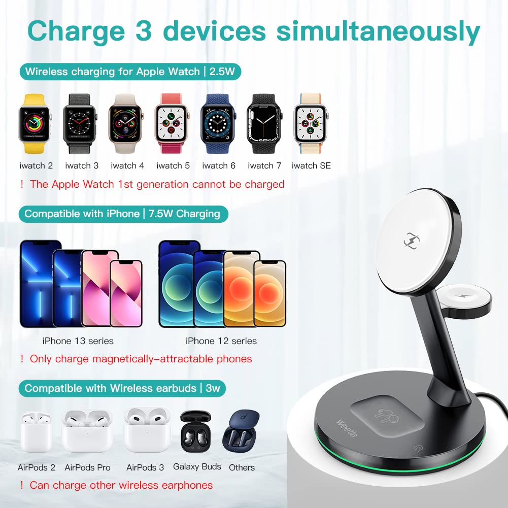 weetla 3 in 1 Magnetic Wireless Charger Stand,Fast Wireless Charger for iPhone 14/13/12 Series, iWatch 7/6/SE/5/4/3/2, AirPods 2/Pro(with QC3.0 Adapter)