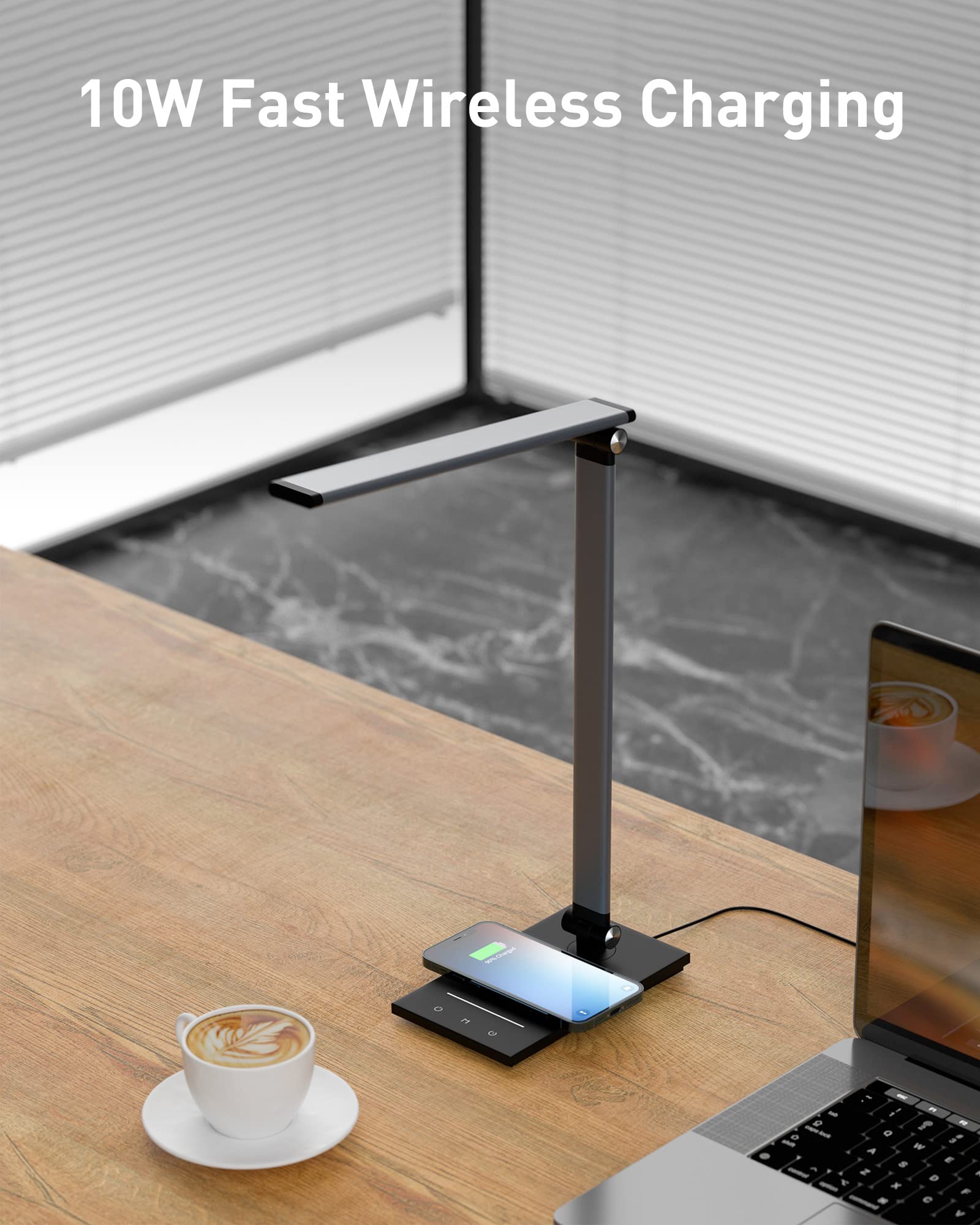 FOCASEY LED Desk Lamp with Wireless Charger,USB Charging Port,Eye-Caring Desk Lamps for Home Office,Touch Control Table Lamp with 25 Lighting Modes,Desk Light for Study,Reading,Office,Black