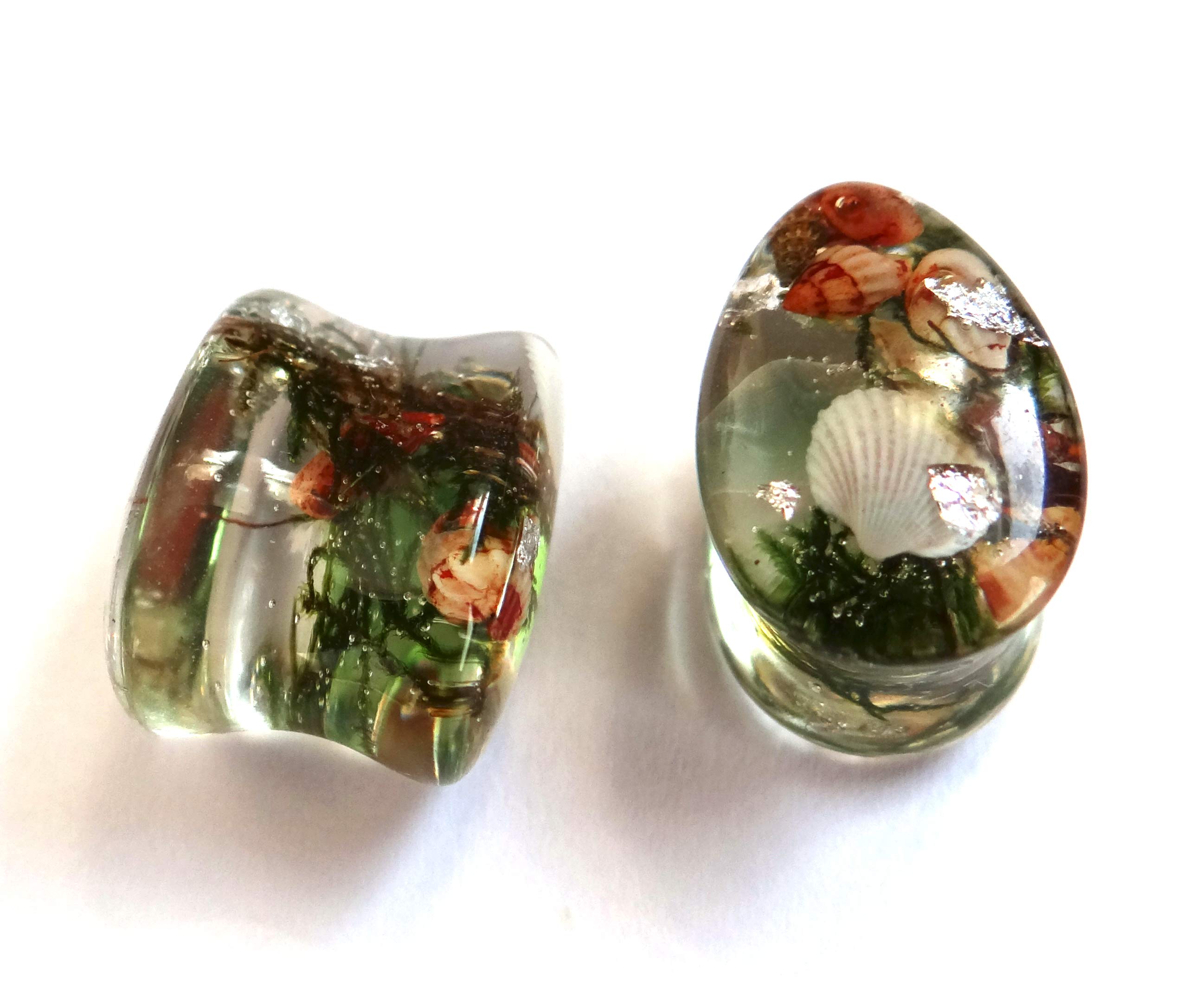 ETERNIADA Teardrop Nautical style plugs Sea Shell plug Tear Drop plugs Dropshaped plugs Egg Drop plugs Ear gauge double flare Mermaid Moss Ocean (25mm / 1" / Pair)