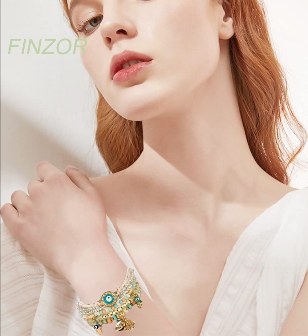 FINZOR 8 Sets Bohemian Bracelets for Women Stretch Multilayer Colorful Beads Bracelet with Charm Jewelry