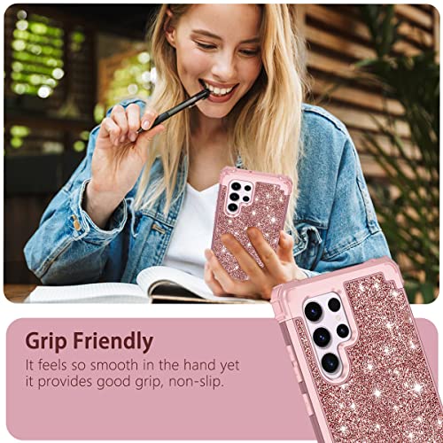 LONTECT for Galaxy S23 Ultra Case with 2 Camera Lens Protector,Three-Layer Shockproof Heavy Duty Full Body Sturdy Protective Case for Samsung Galaxy S23 Ultra 5G,Rose Gold