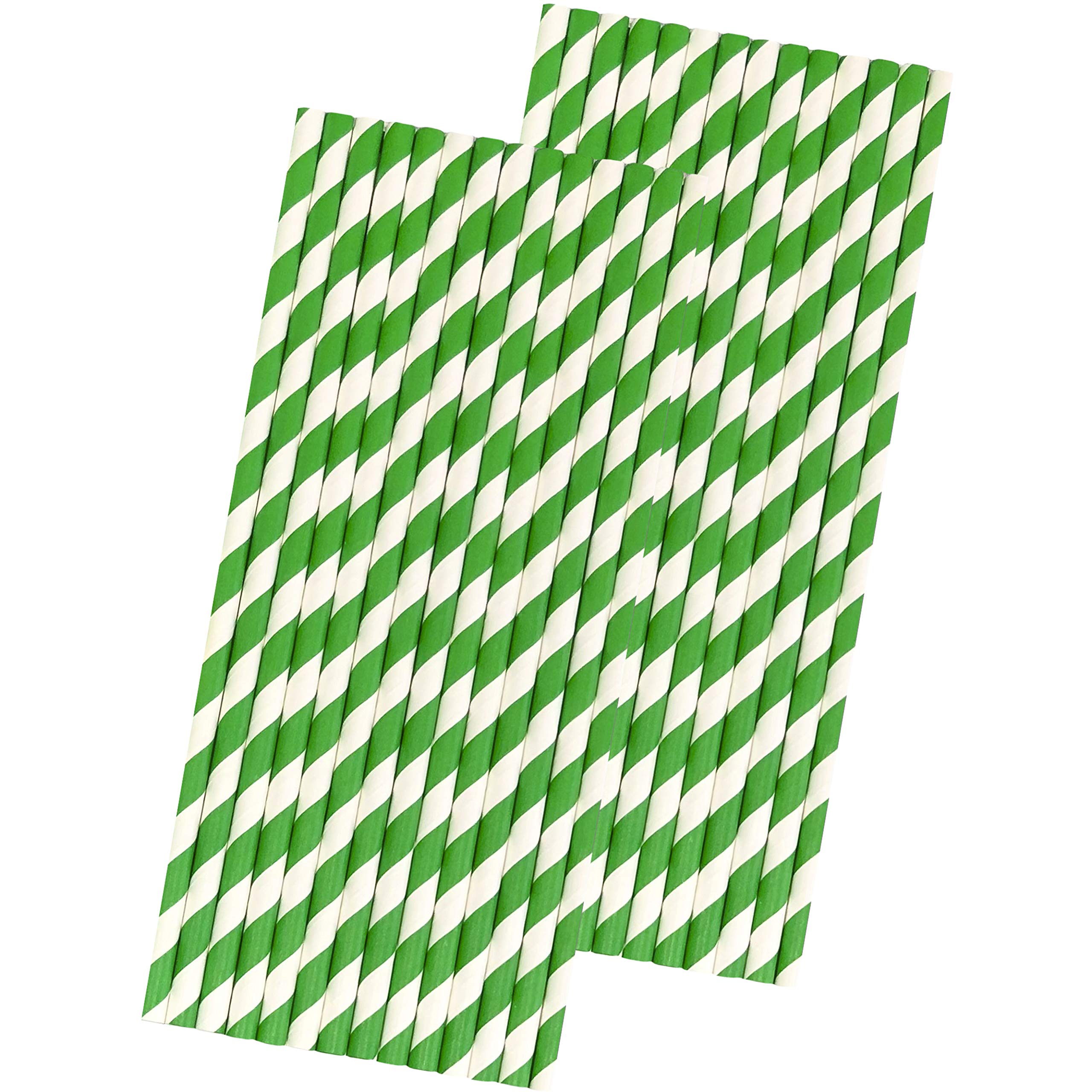 Green Striped Paper Straws - Green White Stripe - Christmas St Patrick's Birthday Supply - 7.75 Inches - 50 Pack