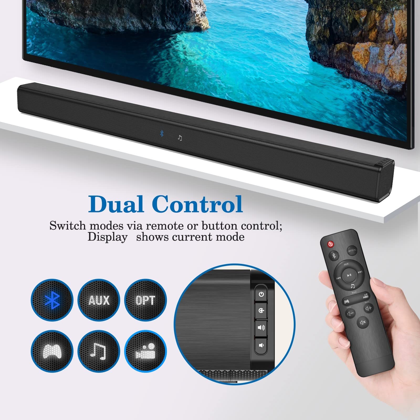 Hsoipn TV Soundbar, Wired & Wireless Bluetooth 5.0 Stereo Sound bar for TV, Three Equalizer Mode Audio Speaker for TV, Optical/Aux/RCA Connection, Wall Mountable, Remote Control