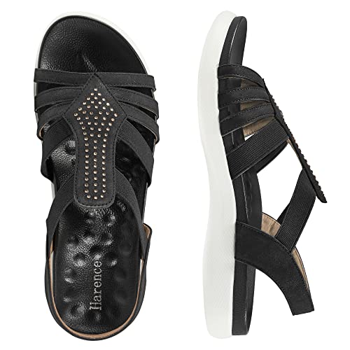 HARENCE Flat Sandals for Women Sandals with Arch Support Comfortable FootBed Orthopedic Sandals Elastic Ankle Strap Summer Casual Non Slip Walking Shoes