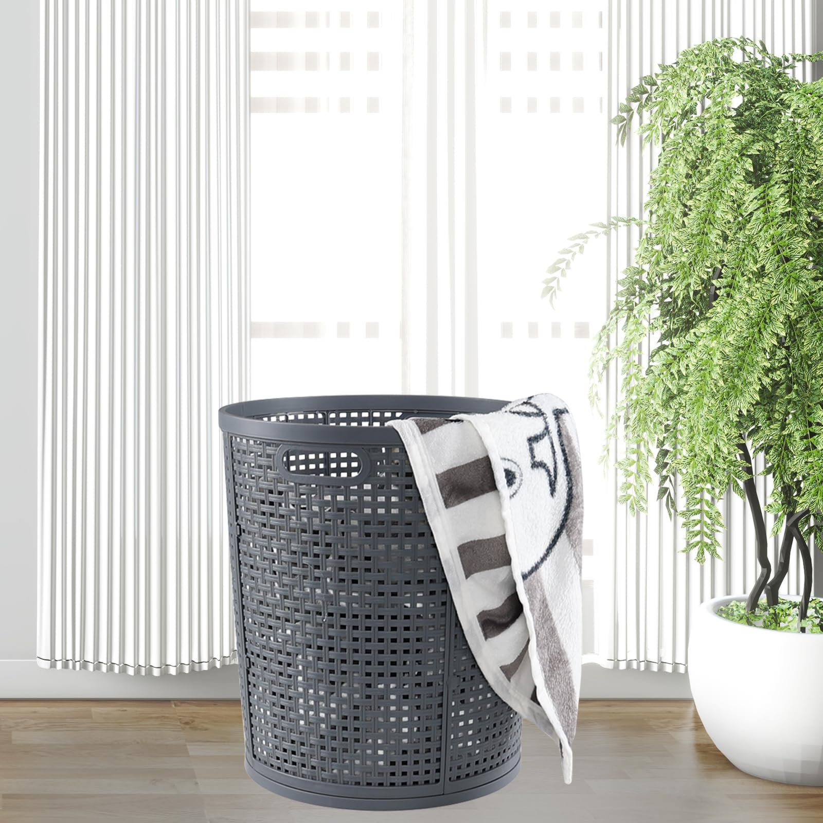 Saedy 42 L Plastic Laundry Storage Basket, 1 Pack Round Clothes Hamper, Gray, F