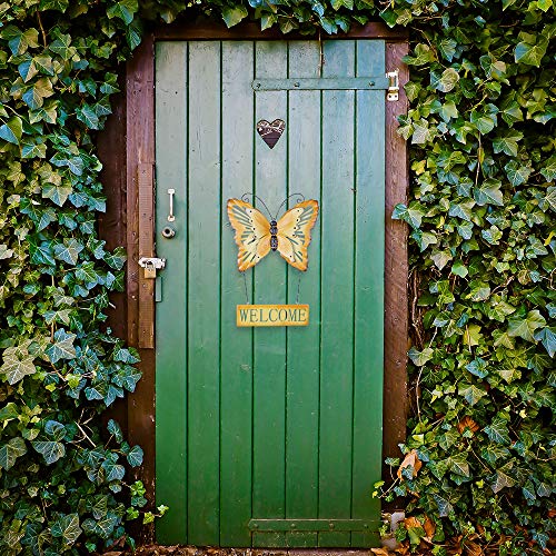Farmhouse Wall Decor Rustic Metal Yellow Butterfly Welcome Sign Hanging Outdoor Decorations For Patio And Garden