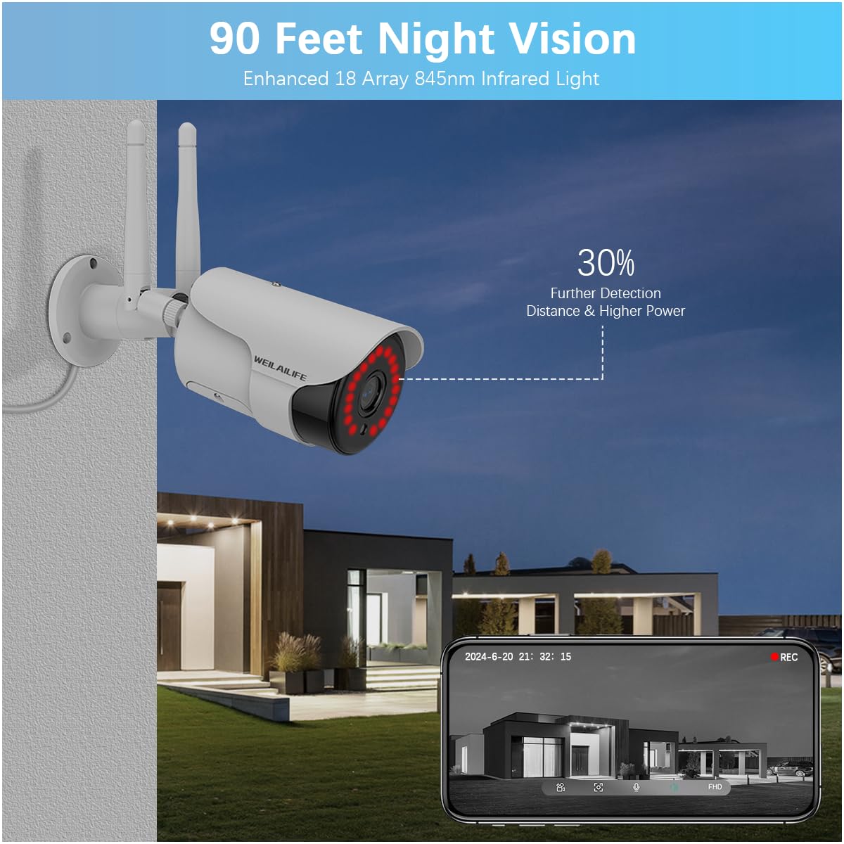 WEILAILIFE 【2-Way Audio & 90ft Night Vision】 3MP Outdoor/Home Wireless Extended Security Camera, Bullet Exterior Surveillance, IP66 Waterproof