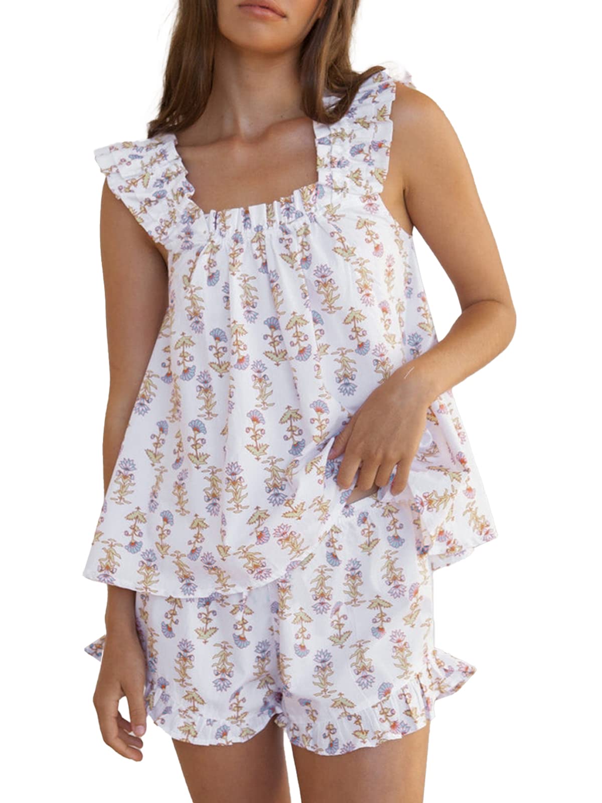 Farktop Womens Floral Print Pajama Sets Ruffle Trim Cami and Casual Shorts 2 Piece Lounge Set PJ (US, Alpha, Small, Regular, Regular, Sky Blue)