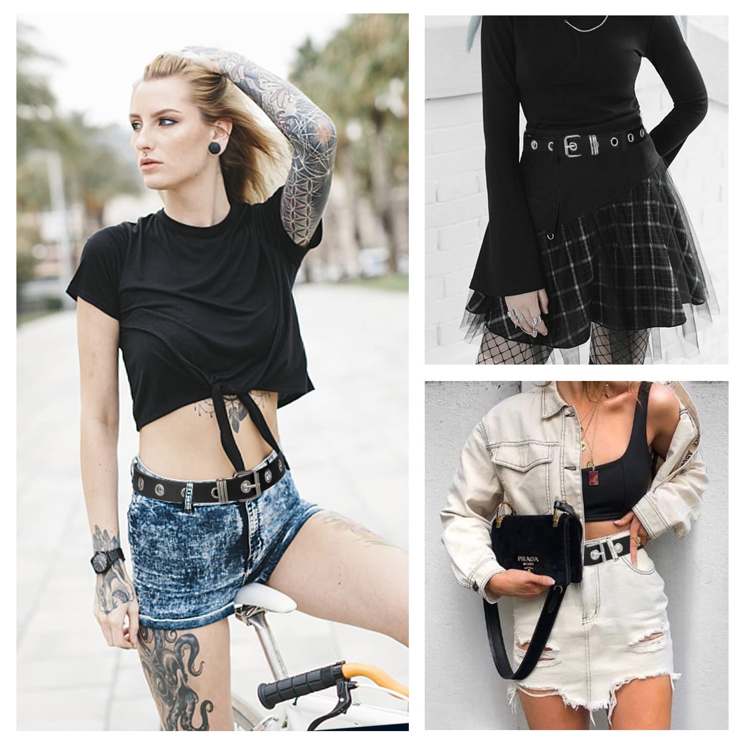 FIORETTO Single Grommet Leather Belt Women Men Punk Rock Waist Belts for Jeans Pants Single Holes Black-Silver