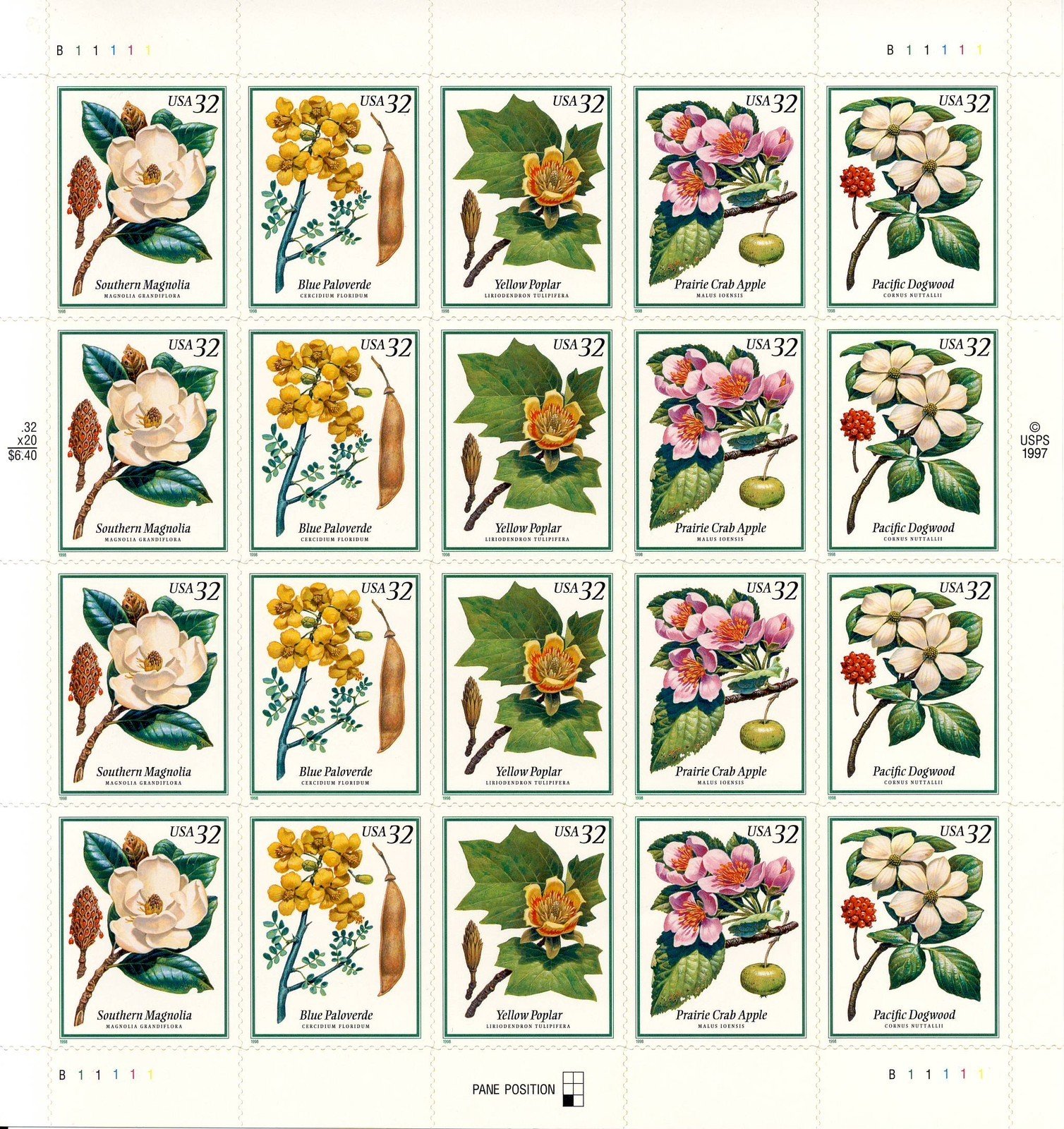 Flowering Trees Full Pane of Twenty 32 Cent Stamps Scott 3193-97