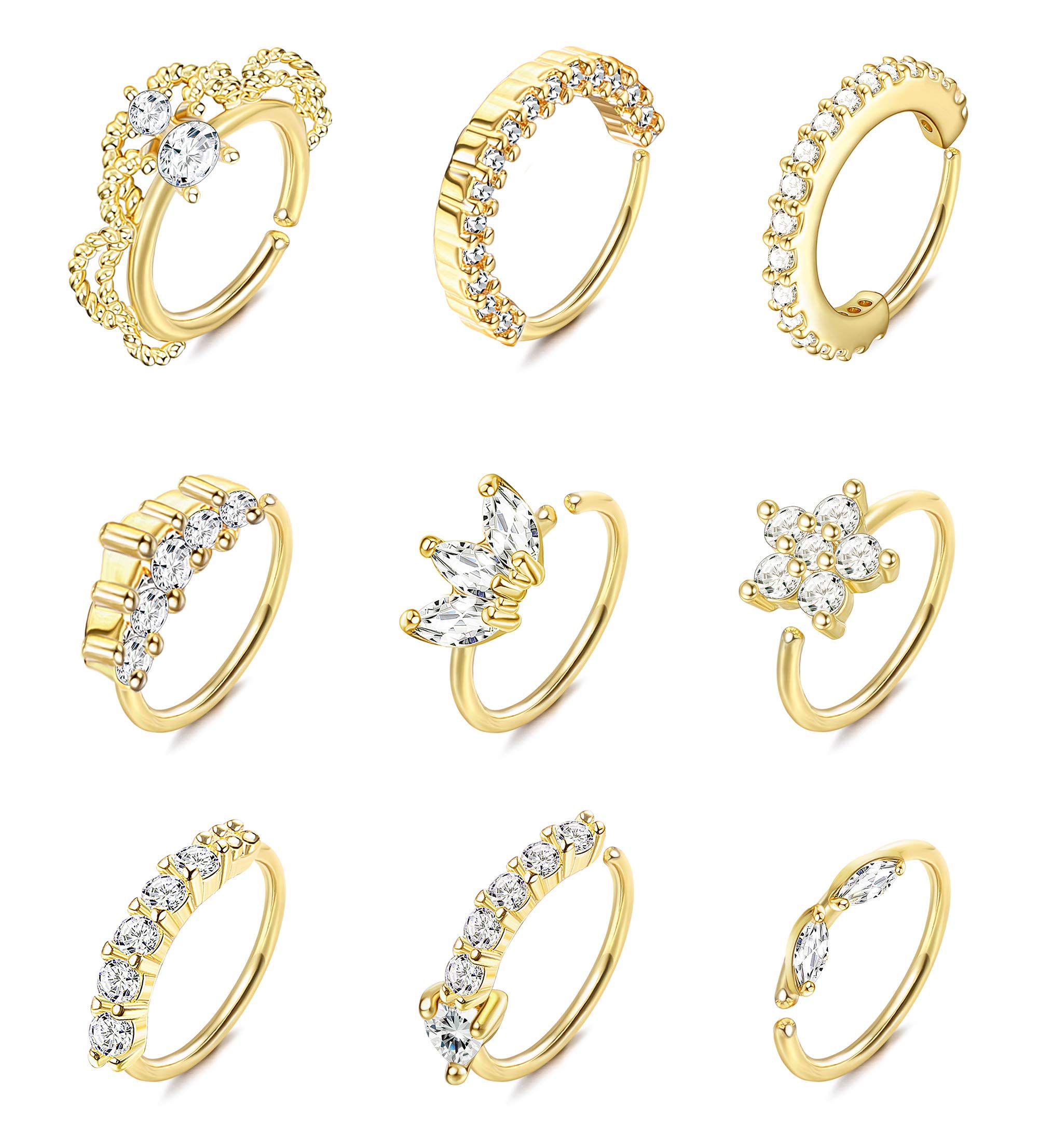 FIBO STEEL 20G Nose Ring Hoop for Women Men Paved CZ Cartilage Earring Bendable Body Ear Piercing Hoop Ring 9Pcs Gold