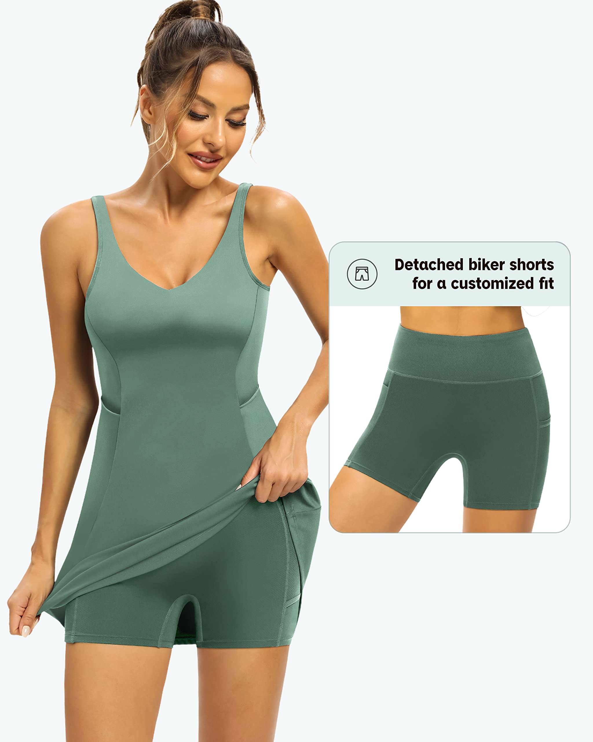 GYM RAINBOW Women Tennis Dress with 4 Pockets Built-in Bra Workout Exercise Athletic Dress with Shorts(Green,Medium)