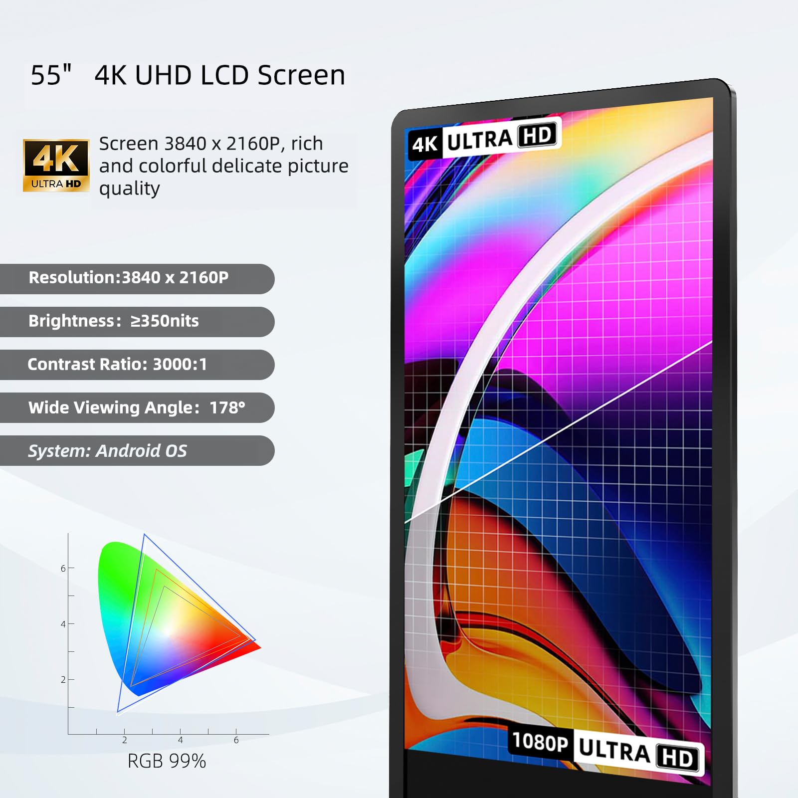 JASZDOT 55'' Digital Signage Displays 4K UHD 3840p LCD Touchscreen Kiosk Floor Standing Auto Smart AD Display Support USB/HDMI/WiFi Android OS(55'' Touch Screen)