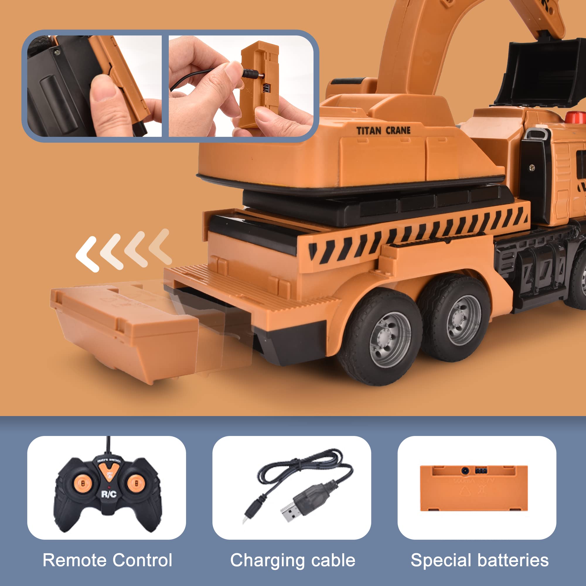 Ihowot Remote Control Toy Excavator, Transformer Car RC Robot Construction Engineering Vehicle with One-Button Deformation, Music and Light Effect, Gift Toy for Boys 4-7