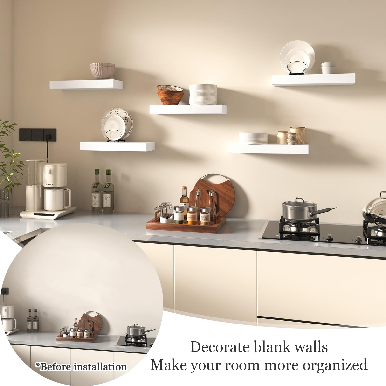 Premium White Glossy Finish Floating Shelves for Wall, 17'', Bright Solid Wood Floating Shelves, Sleek Wall Shelf Set with Strong Hidden Brackets for Contemporary Home Decor, Heavy Duty, Set of 2