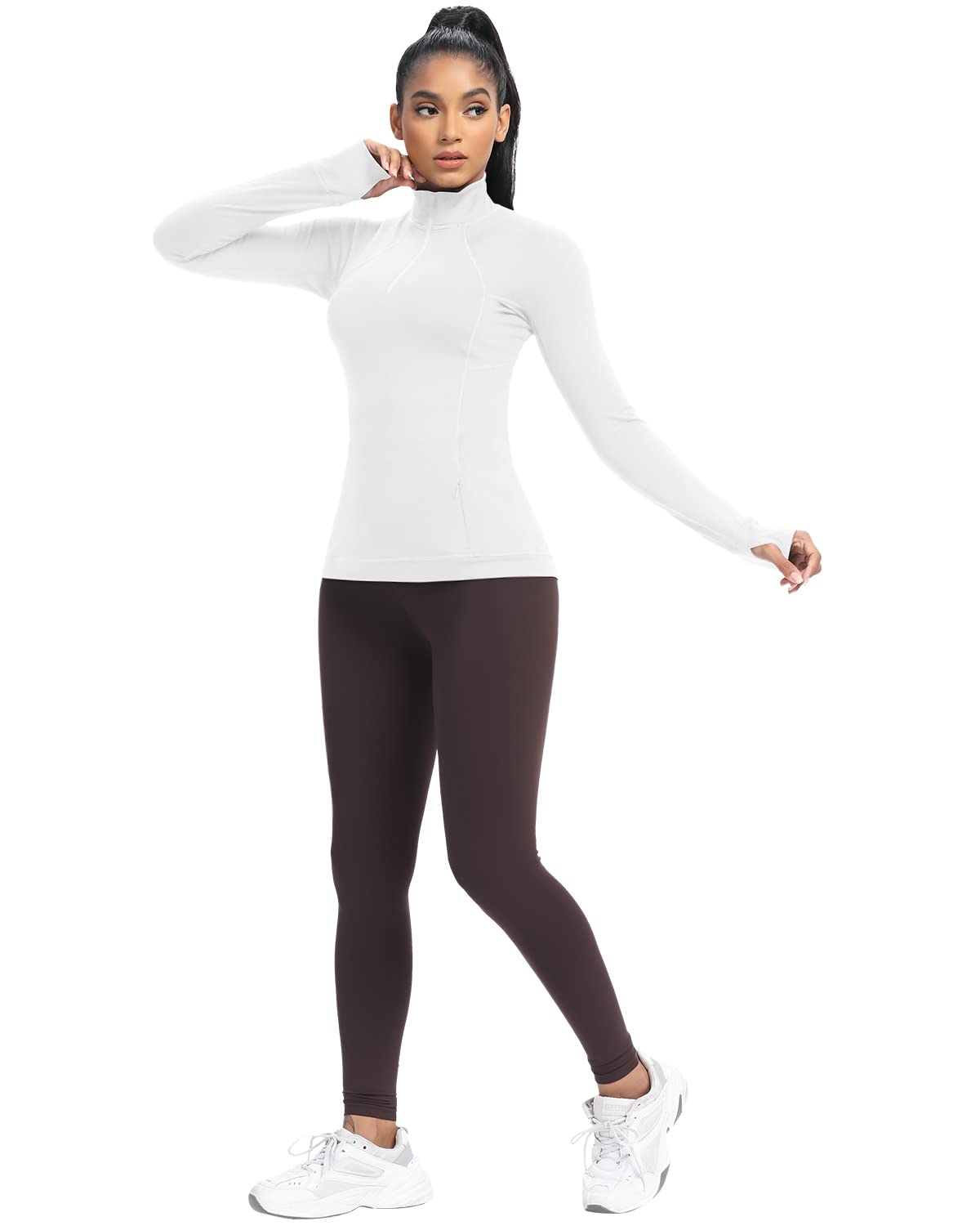 GYM RAINBOW Womens Long Sleeve Workout Shirts Quarter Zip Pullover Sweatshirt Athletic Running Tops Compression Shirts(#2 White,X-Large)