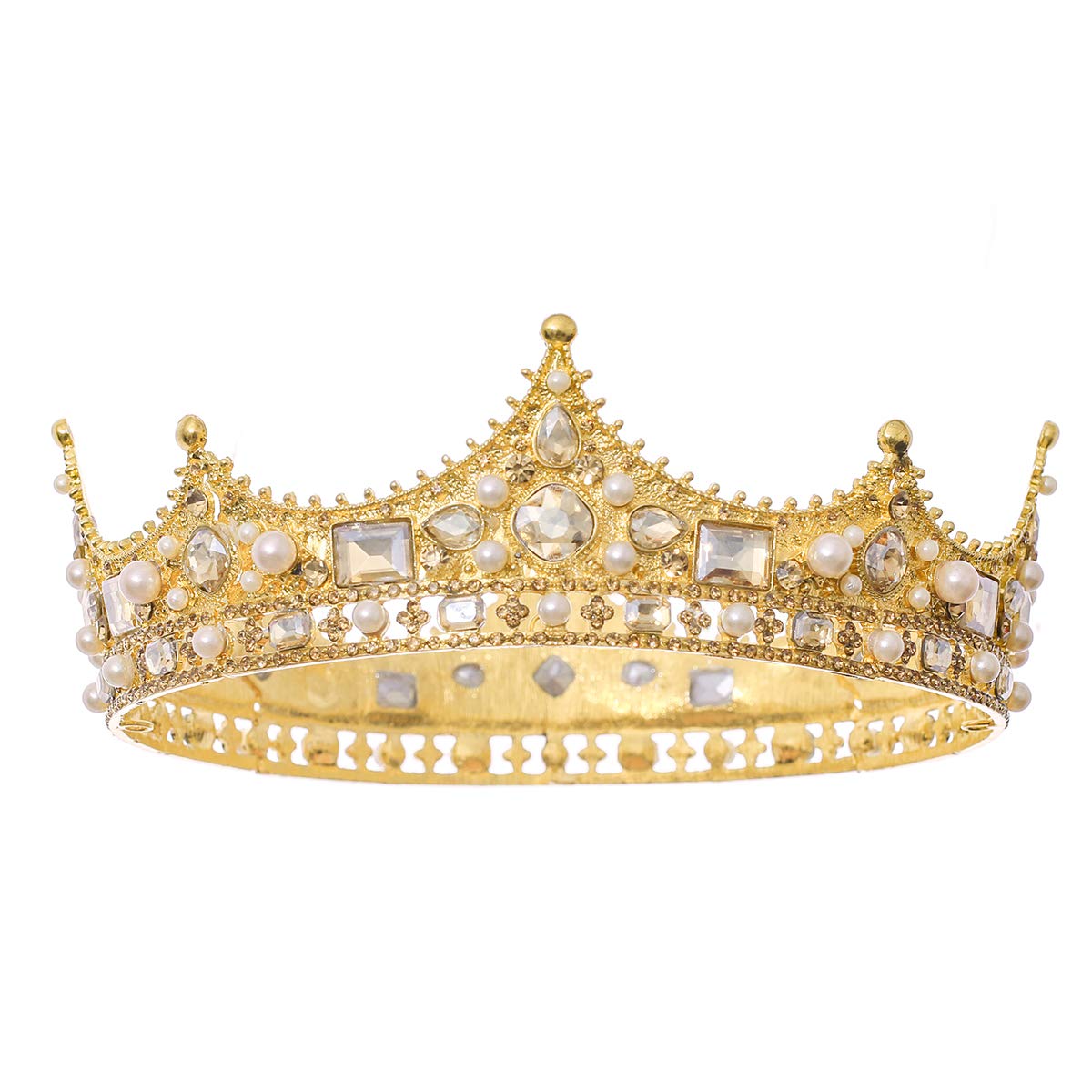 FORSEVEN King Crown for Men Crown Royal Costume Accessory Prom Tiara Baroque Vintage Crystal Pearl Bridal Wedding Tiaras Birthday Party Round Crowns (Gold)