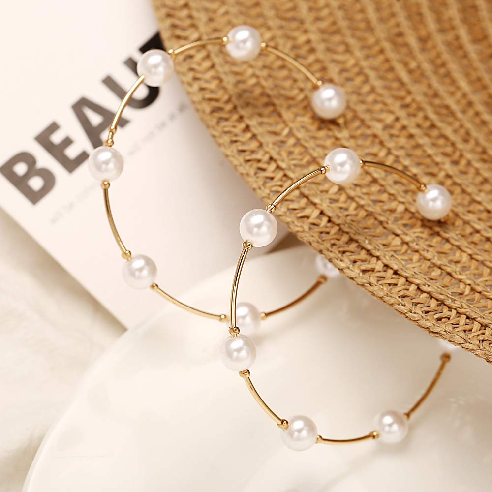 FIRAZIO 8 Pairs Big Simulated Pearl Long Tassel Drop Earrings for Women Double Sided Front Back Pearl Earrings Imitation Pearl Dangle Earrings