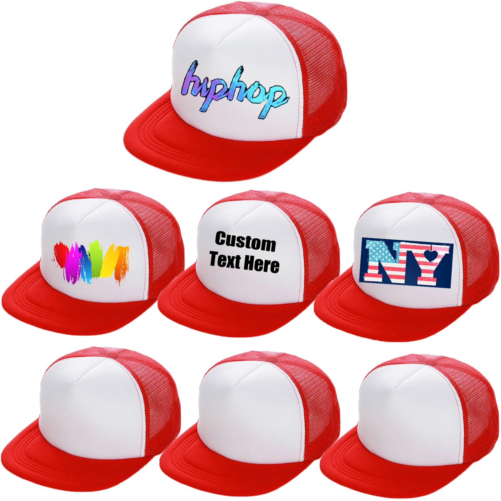 Funkeet 7 Pack Snapback Hat Blank Sublimation Flat Bill Trucker Hat Hip-Hop Mesh Back Baseball Cap for Men Women (7pcs-Red)