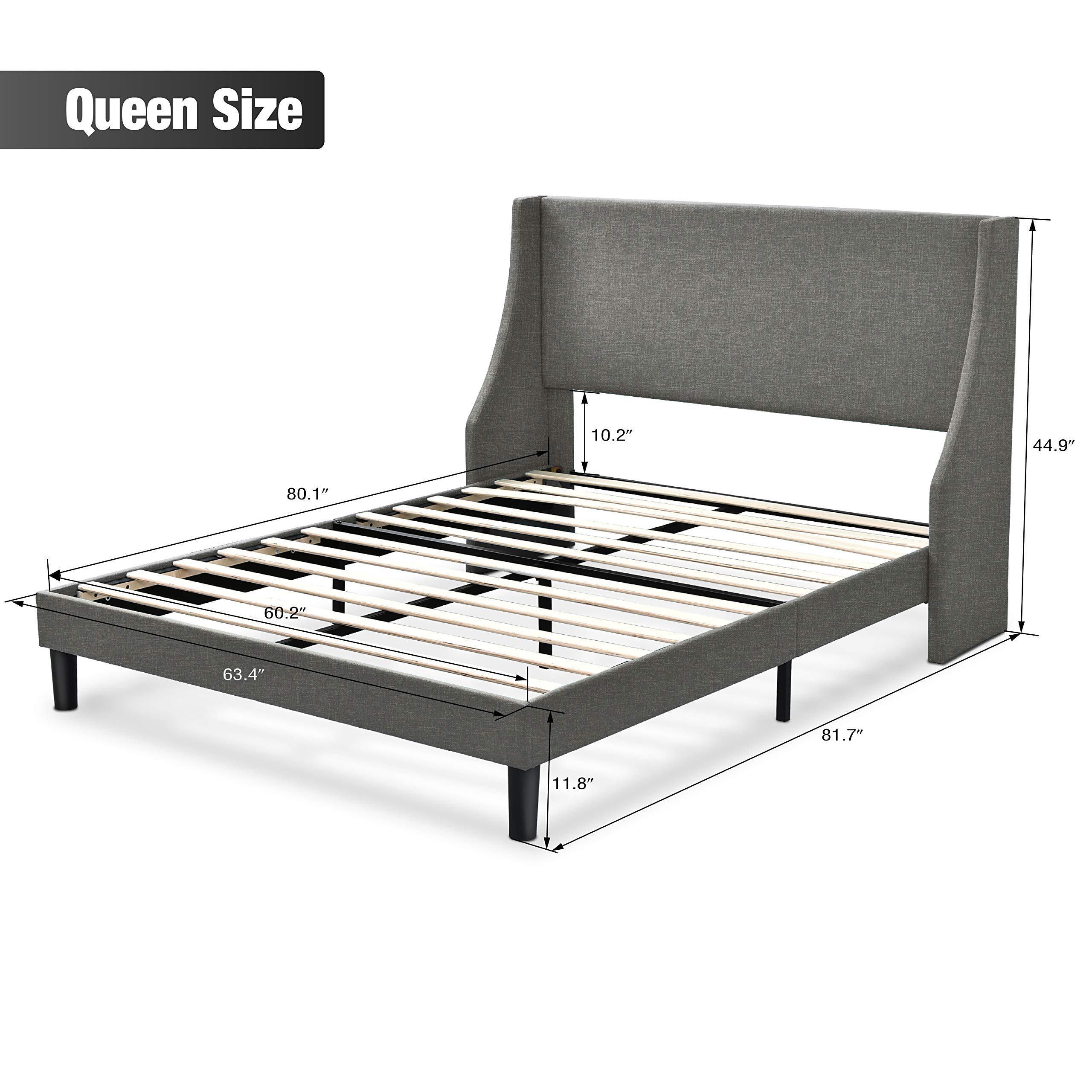 Einfach Queen Size Platform Bed Frame with Wingback Headboard/Fabric Upholstered Mattress Foundation with Wooden Slat Support Light Grey
