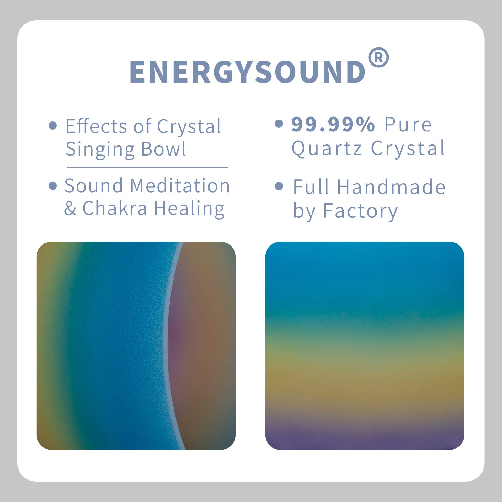 ENERGYSOUND 440Hz Perfect Pitch G Note Throat Chakra Rainbow Colored Frosted Quartz Crystal Singing Bowl 8 inch
