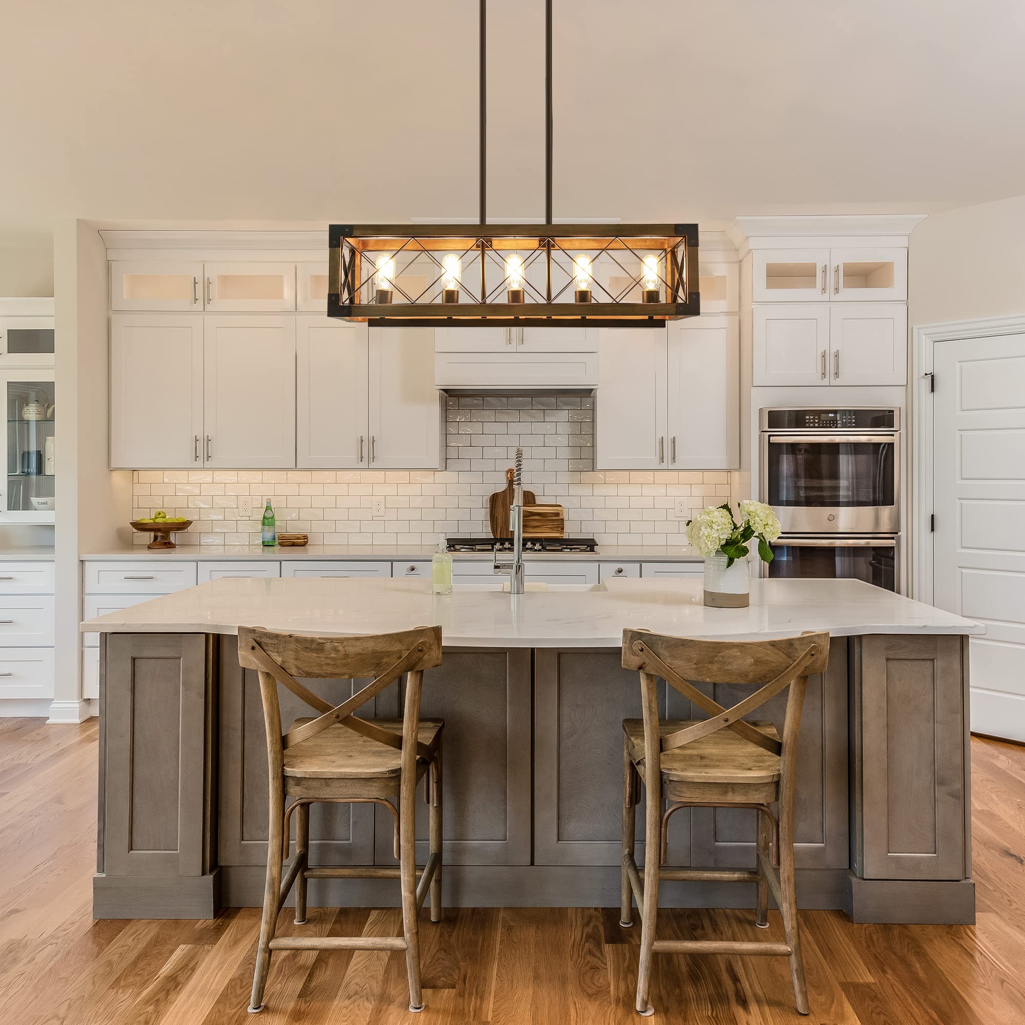 Farmhouse Chandelier for Dining Rooms, 3-Light Rectangular Chandelier, Wood Kitchen Island Lighting, 23.5'' L
