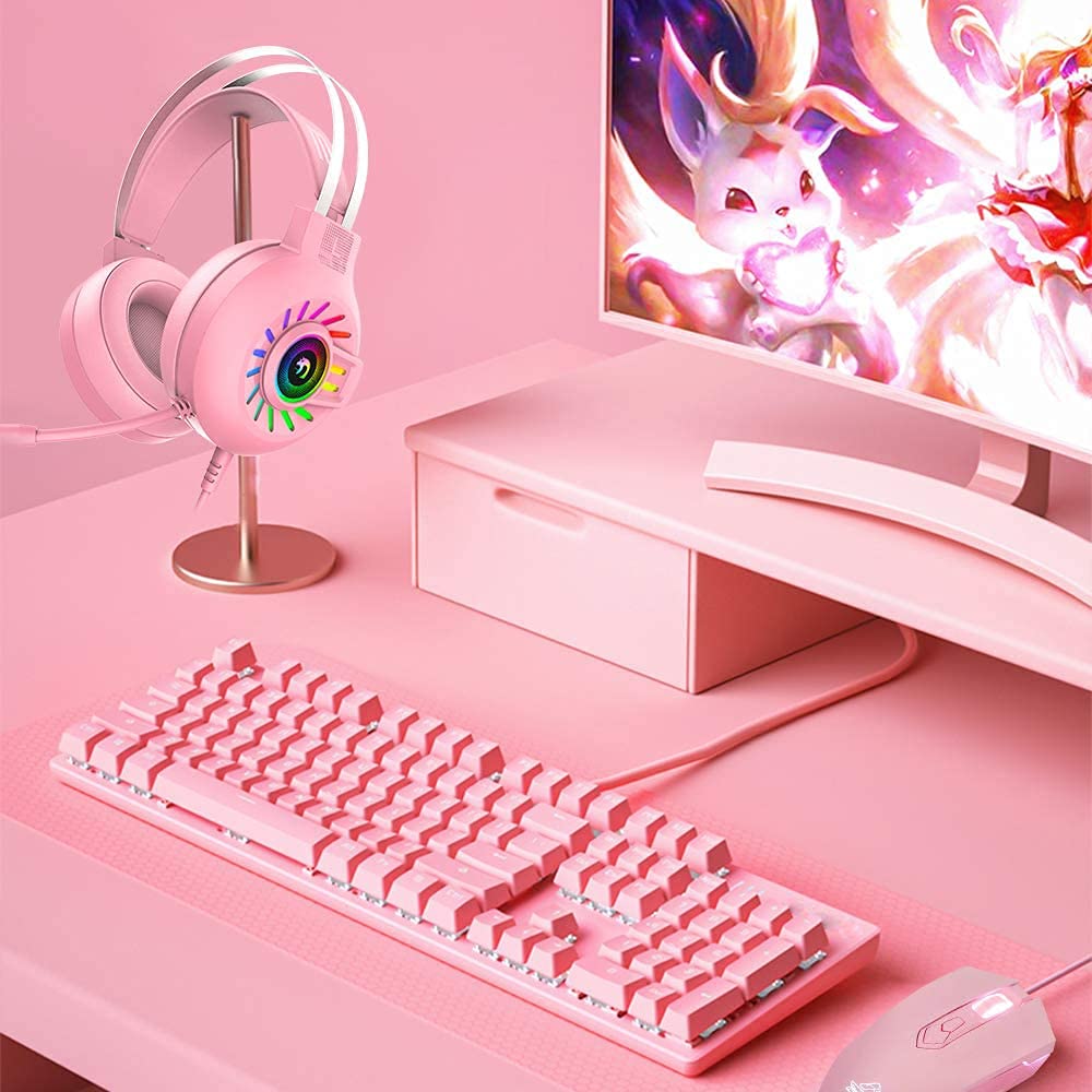 FELICON Pink Mechanical Keyboard Mouse and Handset Combo with Mouse Pad, Full Anti-ghosting Wired Gaming Keyboard, Lightweight Gamer Mouse, Professionals RGB Over Headphone for PC, Laptop,Mac