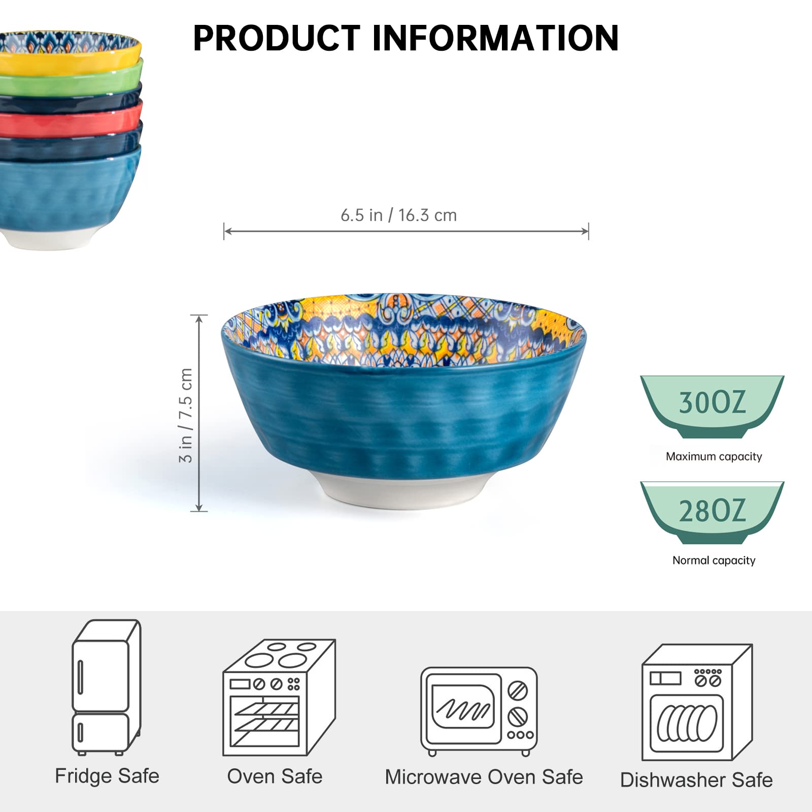 HENXFEN LEAD Ceramic Soup, Pasta Bowls Bundle - Colorful Bowls for Kithchen, Dinner, Eating -Bohemian Style