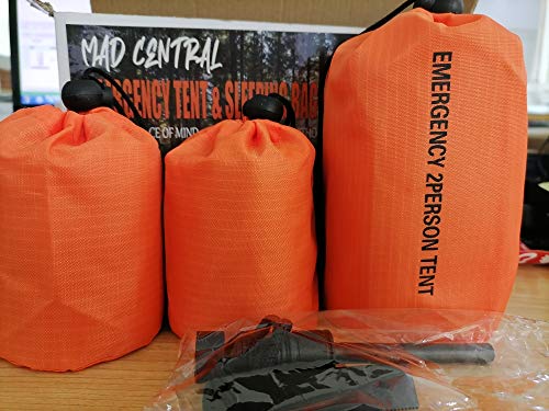 EMERGENCY SURVIVAL KIT: 2 Pack Emergency Sleeping Bag & Tent, Lightweight Survival Thermal Bivy, Survival Gear for Camping, Hiking, Outdoor, Activities - 3-in-1 FIRESTARTER, COMPASS & WHISTLE