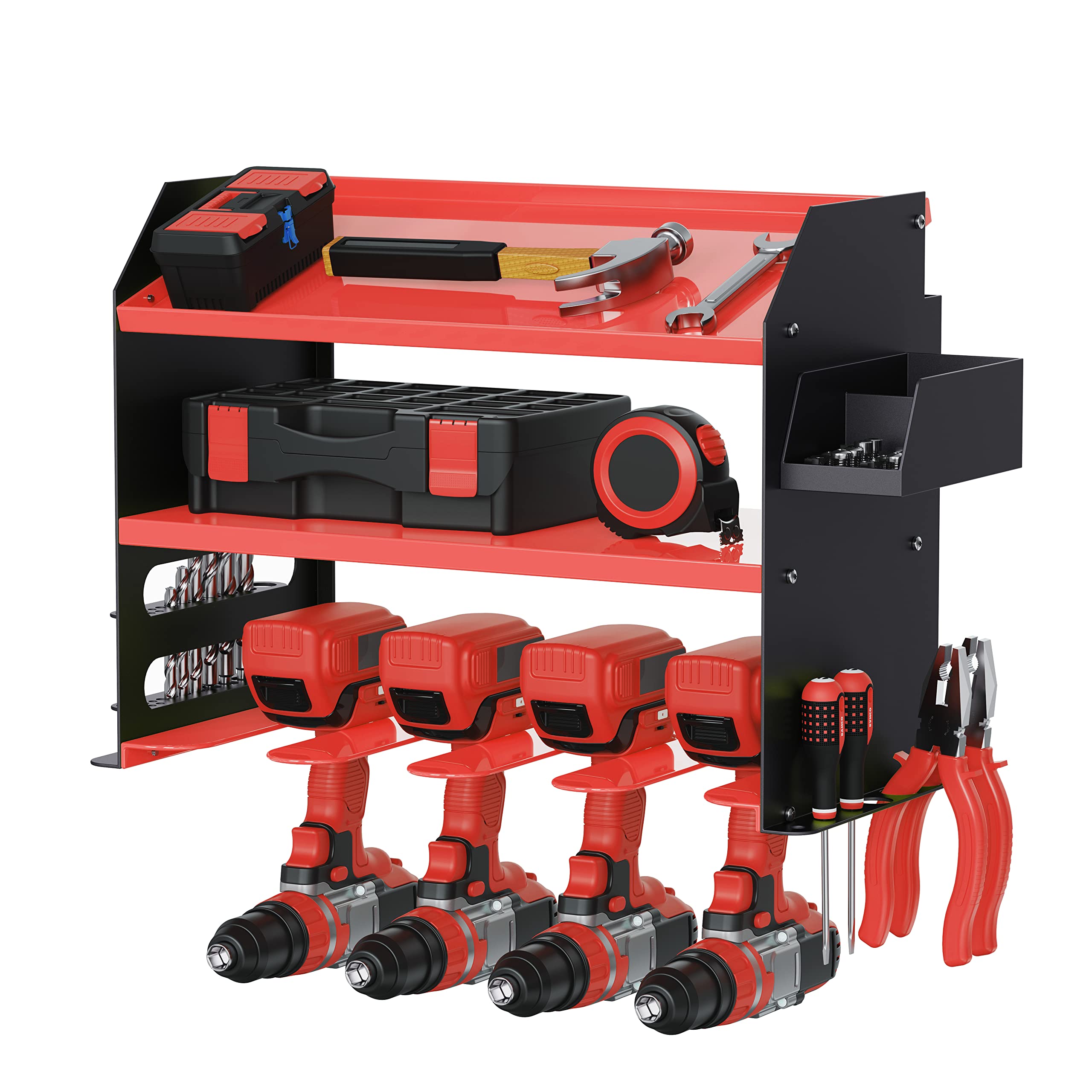 Luffioner Drill Storage Rack,Power Tool Organizer Drill Holder Wall Mount, Drill Organizer for Garage, Workshop,Drill Bit Storage Shlef, Holds 4 Drills with Screws Box (Red)