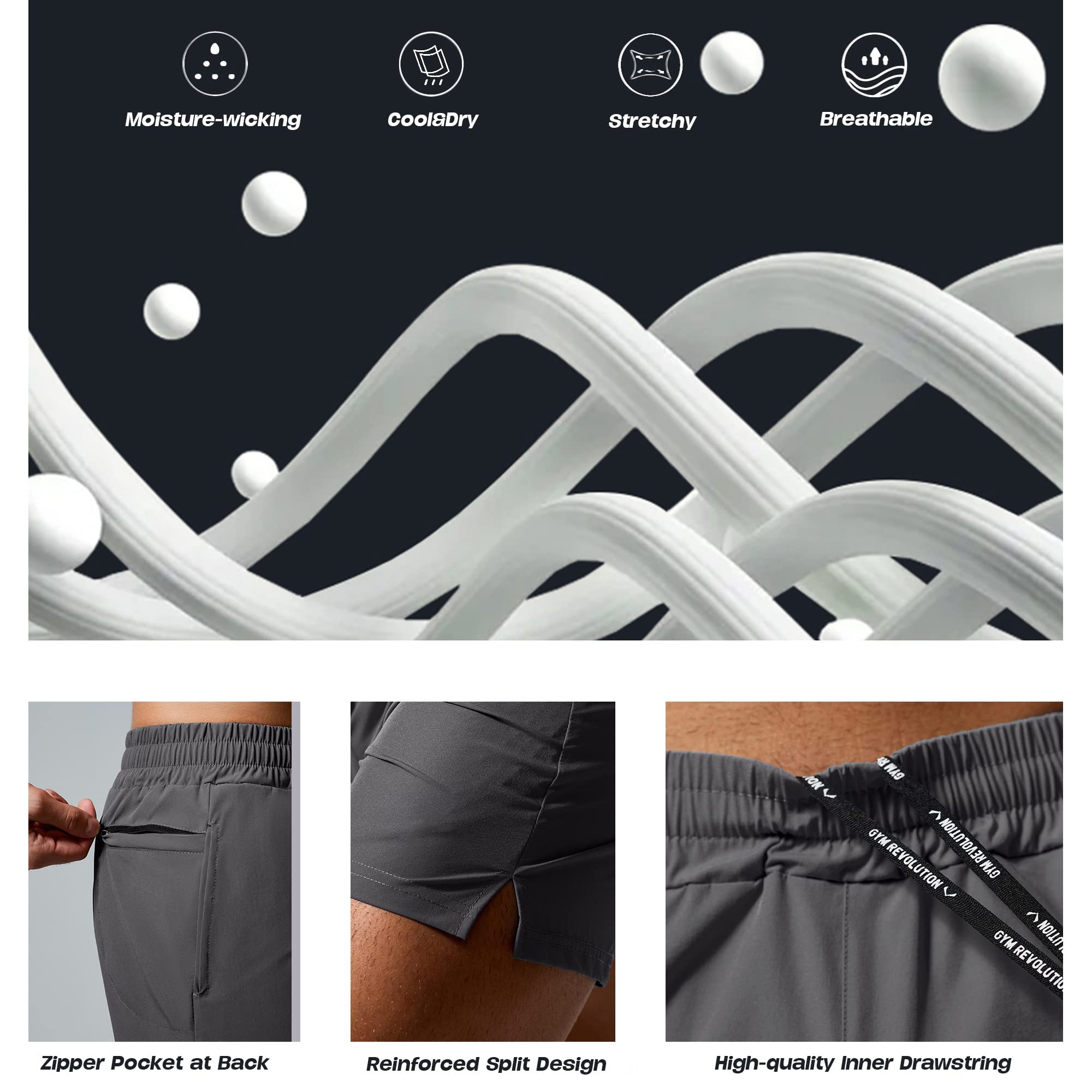 GYM REVOLUTION Men's 5 Pack Workout Running Quick Dry Gym Training Shorts with Zipper Pockets Black Dark Grey Navy Blue Army Green Khaki XL