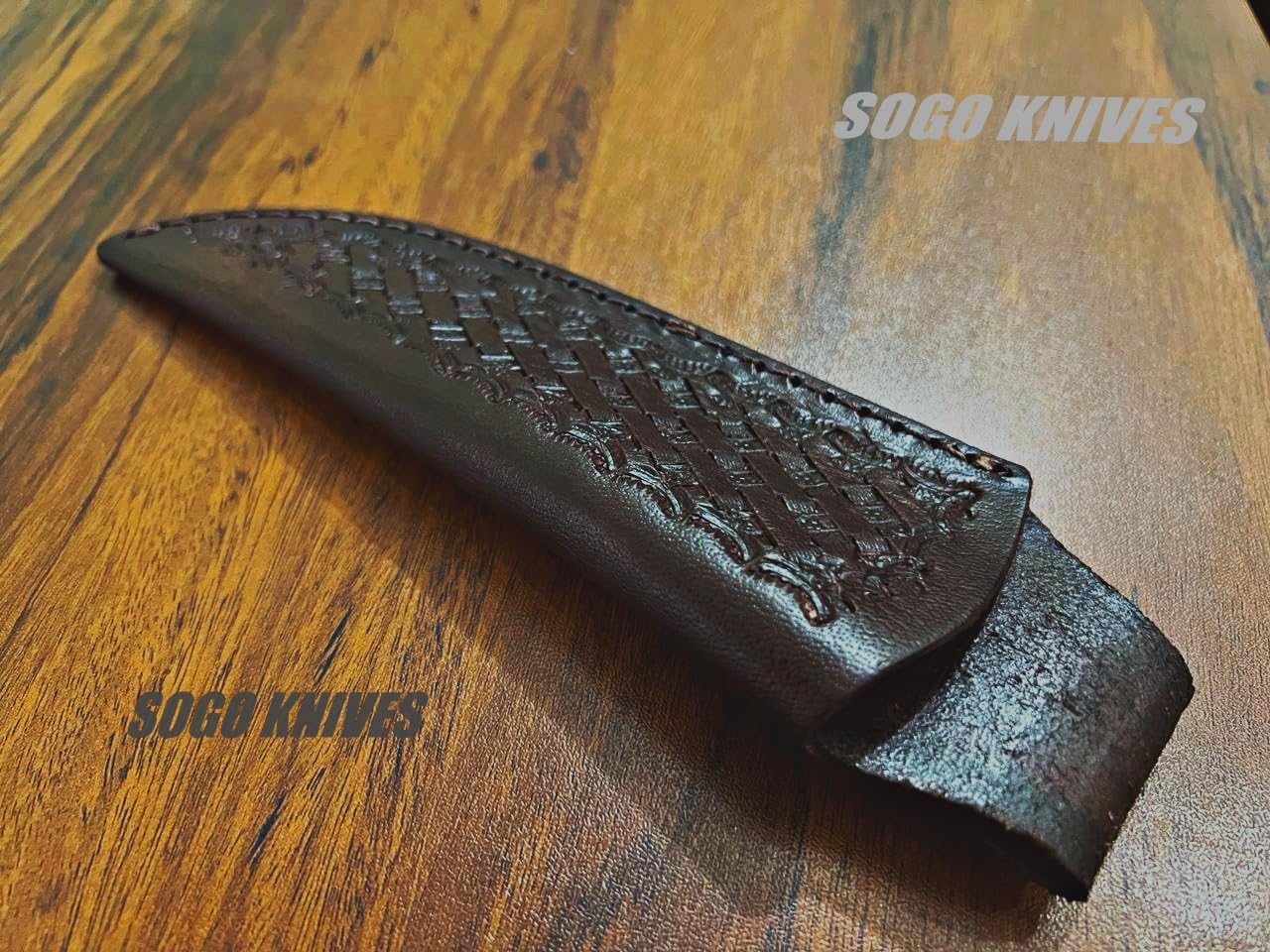 SOGO KNIVES Leather Knife Sheath For Belt, Slanted Sheath, Tooled Leather Sheath, Beautiful 8 TO 9 inches Hunting Knife fixed blade Leather Cover 100% Real Leather (BROWN)
