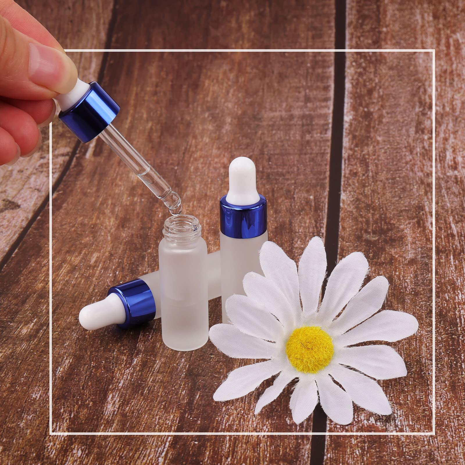 Kesell 50 Pack Dropper Bottles 5ml Frosted Glass Sample Bottles Refillable Essential Oil Dropper Bottle Perfume Cosmetic Liquid Sample Bottle with 3 Funnels, Blue Cap