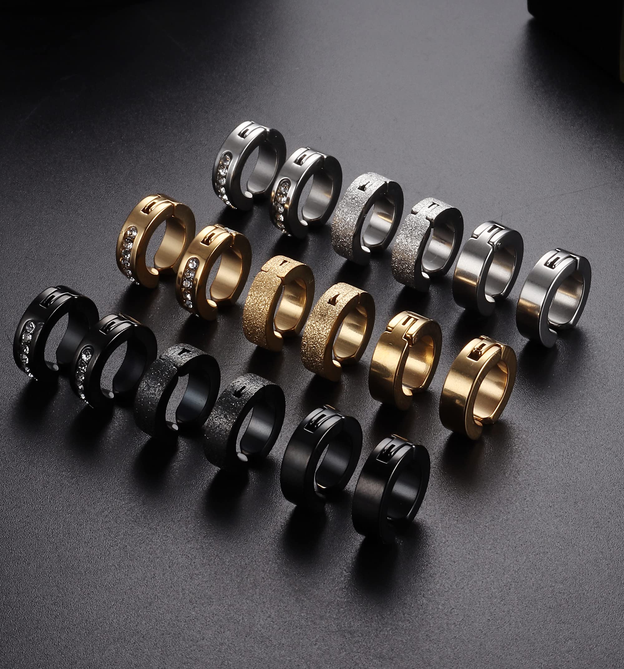 FIBO STEEL 9 Pairs Non-Piercing Earrings Stainless Steel Clip On Hoop Earrings For Men Women Paved CZ Ear Clip