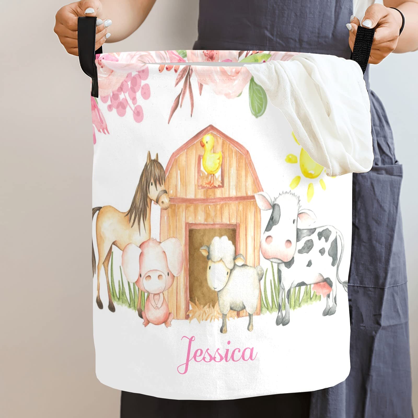 Floral Farm Animals Personalized Laundry Hamper,Custom Name Collapsible Waterproof Laundry Basket Storage Bins with Handle for Clothes,Toy,Nursery