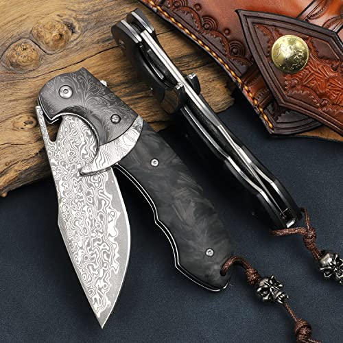 Minowe Handmade Damascus Steel Folding Knife with leather case,3.8in VG10 steel core blade,Steel ball bearings+Carbon Fiber handle,Tactical pocket knife Hiking carry EDC Knife