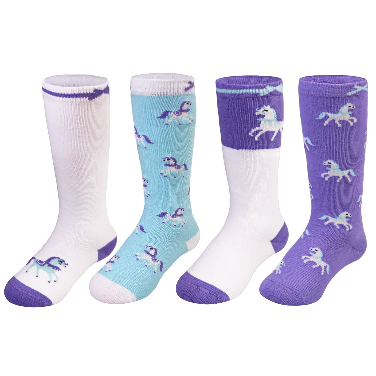 Harrison Howard Breathable & Comfortable Children Horse Pattern Cotton Socks Perfect for Active Equestrian Kids 4 Pairs/Pack Purple - Large
