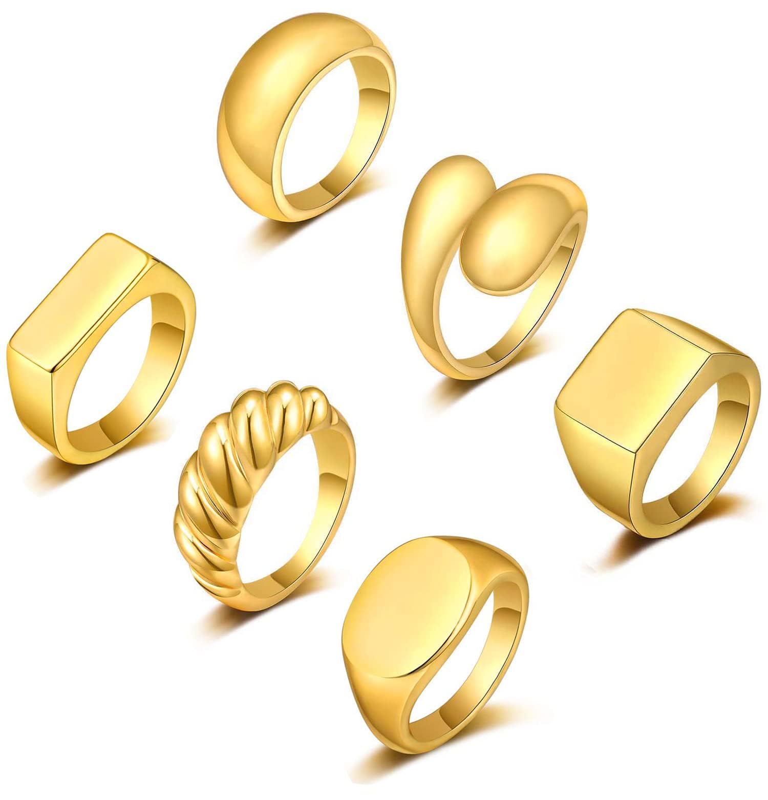 FUNEIA 6Pcs Thick Dome Chunky Rings for Women Men 18K Gold Plated Round Signet Rings Braided Twisted Signet Statement Ring Size 5-9
