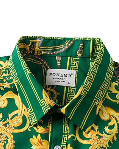 fohemr Mens Gold Chain Dress Shirts Luxury Short Sleeve Baroque Print Casual Button Down Design Buchona Shirts Green XX-Large