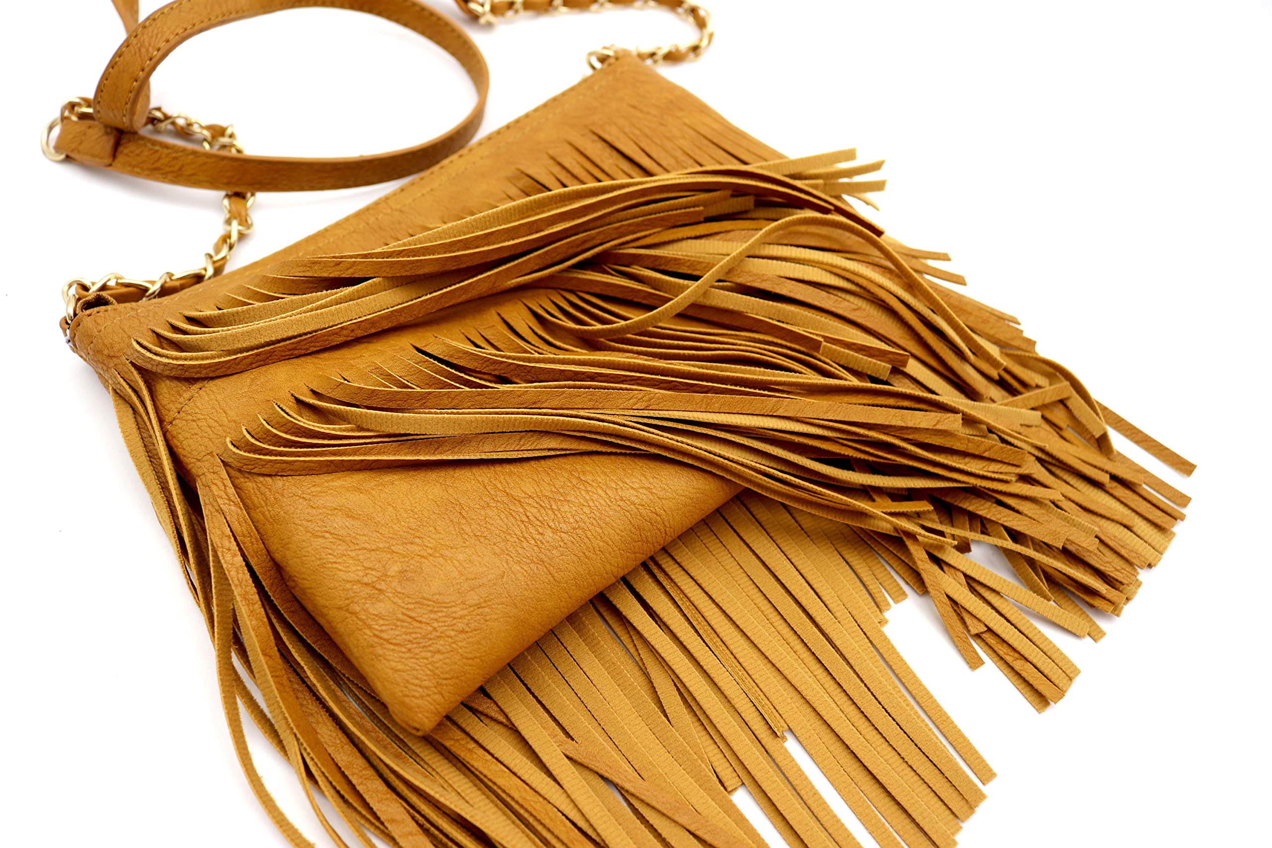 Front and Back Both Side Fringed Soft PU Leather Medium Long Cross Body Messenger Shoulder Bag (Taupe)