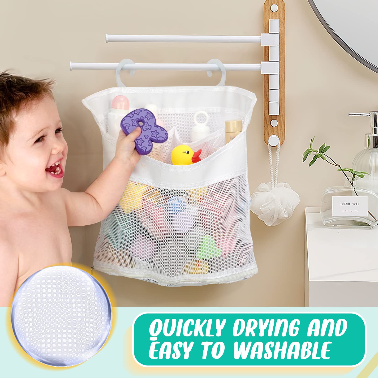 Fypxd Bath toy storage,Bath Toy Organizer,Large Capacity,Quick Drying, Bottom Zipper Bathtub Toy Storage Bag,Corner Hang-Suspension Bath Toy Holder (White)