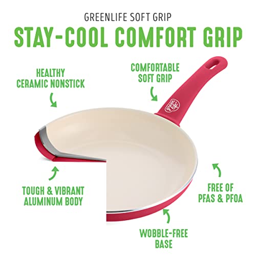 GreenLife Soft Grip Healthy Ceramic Nonstick, 1QT and 2QT Saucepan Pot Set with Lids, PFAS-Free, Dishwasher Safe, Red