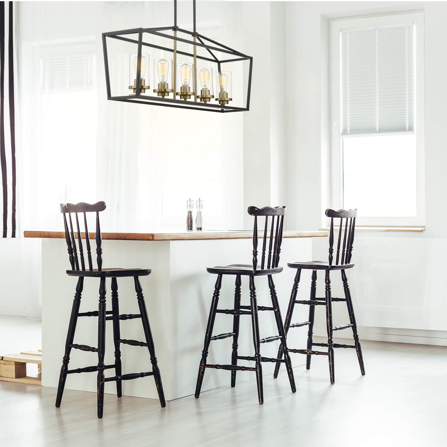 Emliviar Modern 5-Light Kitchen Island Pendant Light Fixture, Linear Pendant Lighting, Black and Gold Finish with Clear Glass Shade, P3033-5LP