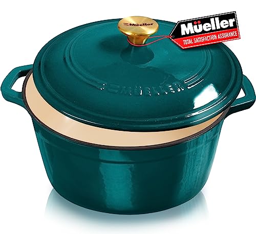 Mueller DuraCast 6 Quart Enameled Cast Iron Dutch Oven Pot with Lid, Heavy-Duty, Braiser Pan, Stainless Steel Knob, for Bread Baking, Braising, Stews, Roasting, Safe across All Cooktops, Emerald