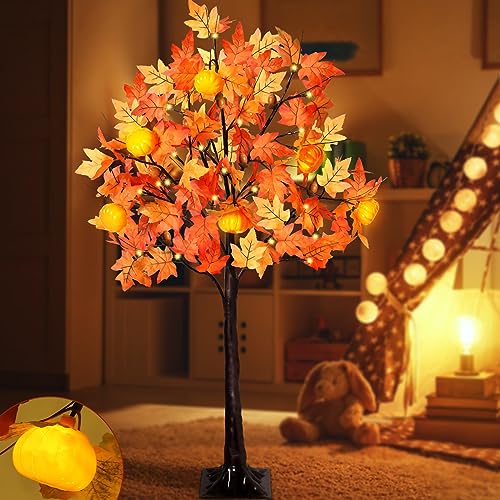 SURCVIO 4 Feet Prelit Fall Maple Tree Decor 8 Modes Autumn Harvest Festival Decorations 48 LEDs 6 Pumpkin Lights Acorns Artificial Tree for Home Indoor and Outdoor Autumn Thanksgiving Decorations