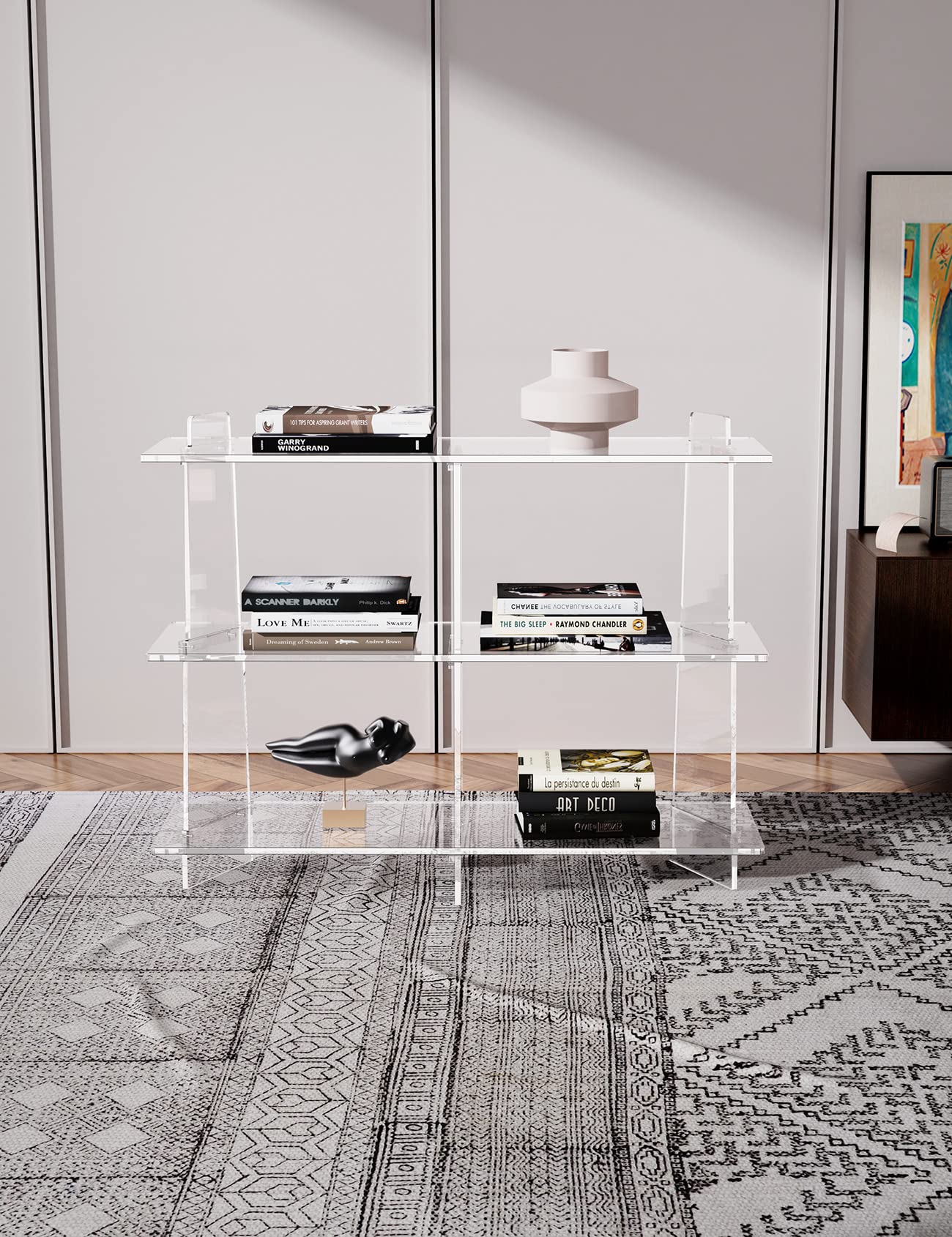solaround Acrylic Bookshelf, Small 3 Tier Bookcase for Small Spaces,Acrylic Console Table, Hallway Entry Table for Living Room (Clear, 39.4'' x 11.8'' x 31.5'')