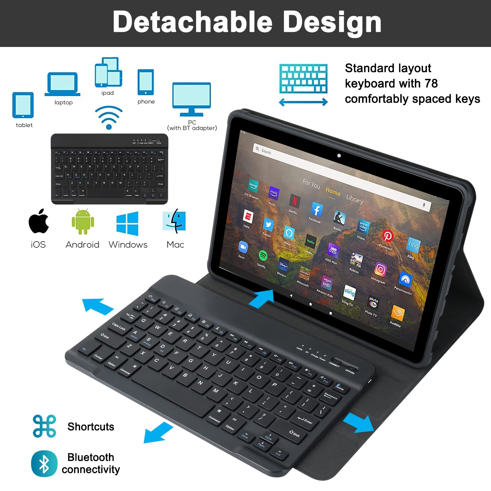 Keyboard Case for Kindle Fire HD 10/HD 10 Plus Table 2021 (11th Generation) 10.1 inch, Slim Folding Stand Cover with Wireless Bluetooth Keyboard, Fire Tablet Keyboard Case with Auto Wake/Sleep - Black